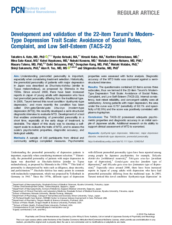 (PDF) Development and validation of the 22‐item Tarumi's Modern‐Type Depression Trait Scale ...