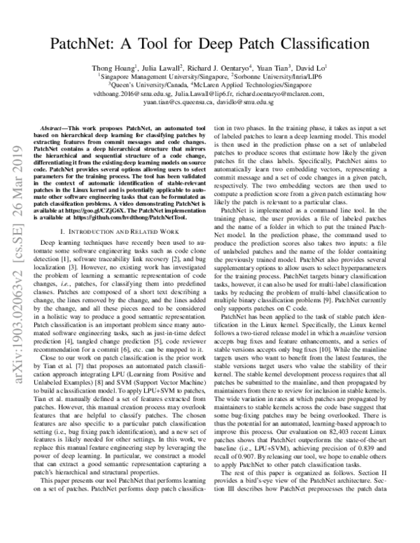 (PDF) PatchNet: A Tool for Deep Patch Classification