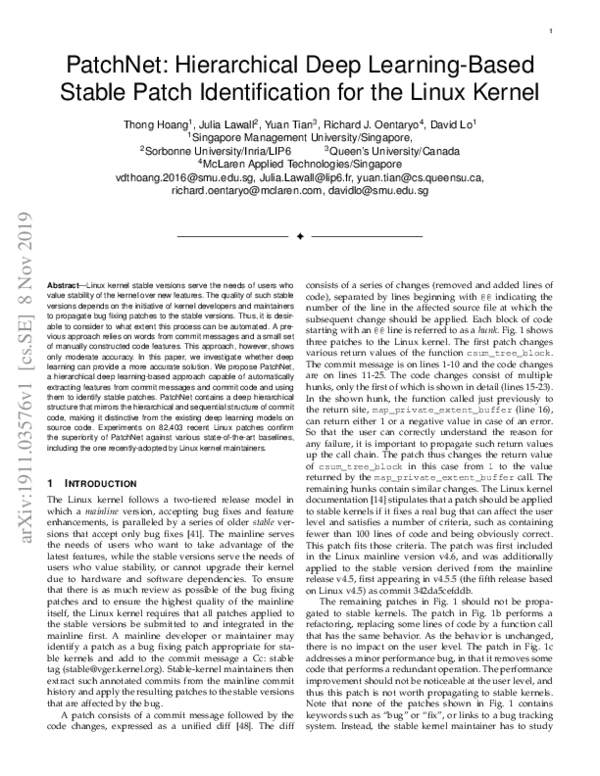 (PDF) PatchNet: Hierarchical Deep Learning-Based Stable Patch Identification for the Linux Kernel