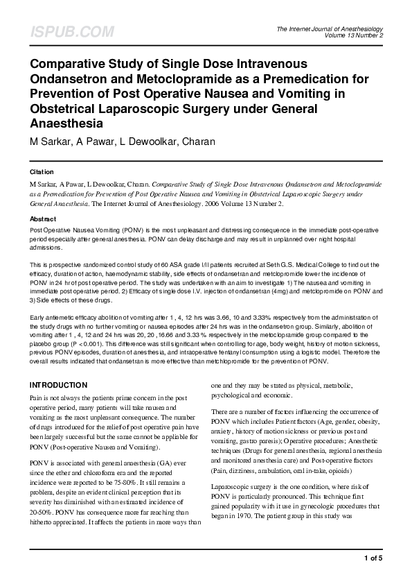 (PDF) Comparative Study of Single Dose Intravenous Ondansetron and ...