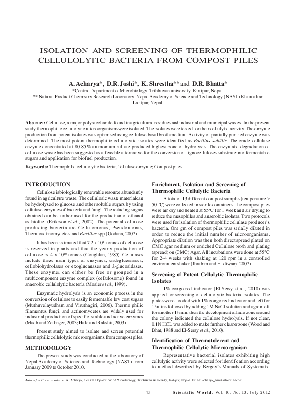 (PDF) Isolation and screening of thermophilic cellulolytic bacteria ...