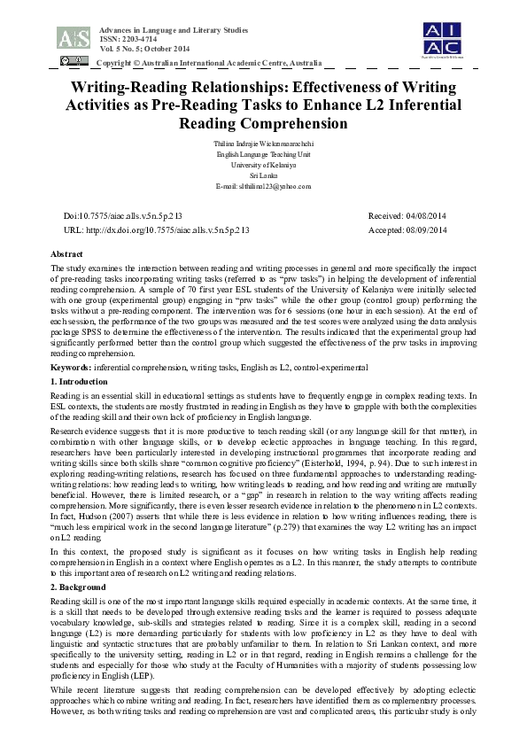 (PDF) Writing-Reading Relationships: Effectiveness of Writing ...
