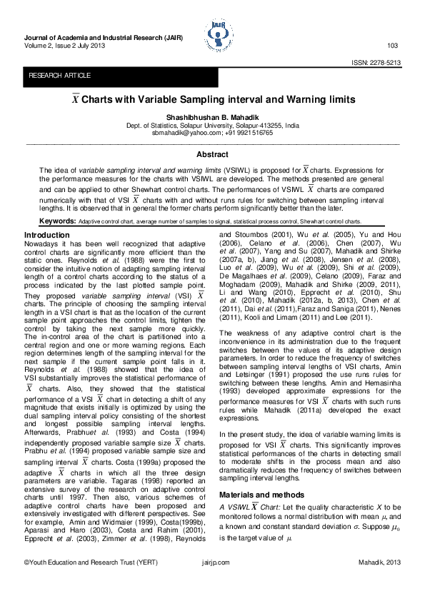 Pdf Charts With Variable Sampling Interval And Warning Limits
