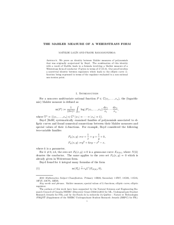 (PDF) The Mahler measure of a Weierstrass form