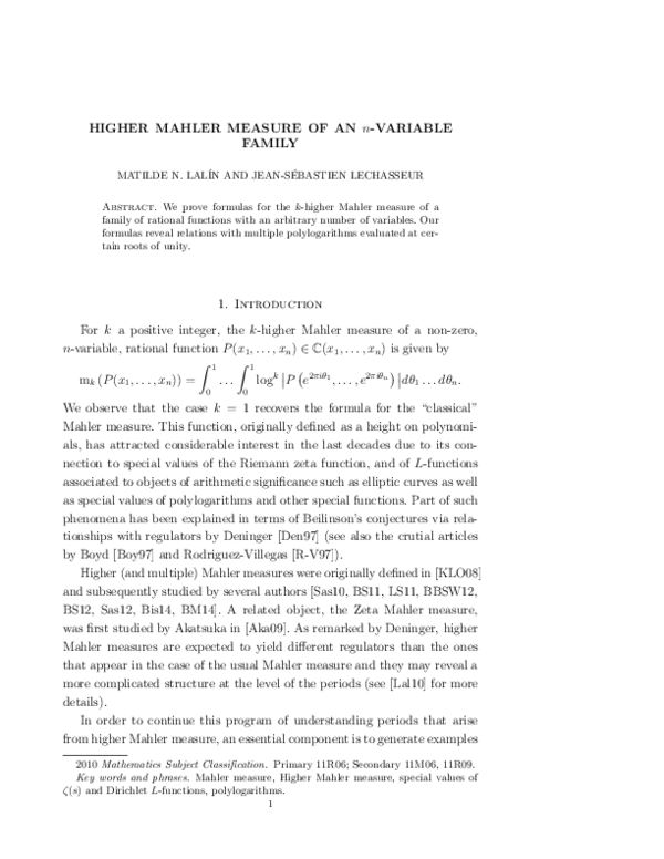 (PDF) Higher Mahler measure of an $n$-variable family