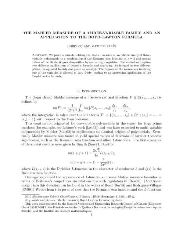 (PDF) The Mahler measure of a three-variable family and an application to the Boyd–Lawton ...