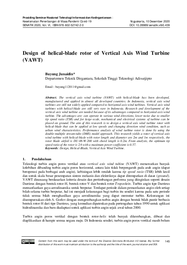 (PDF) Design Of Helical-Blade Rotor Of Vertical Axis Wind Turbine (VAWT)