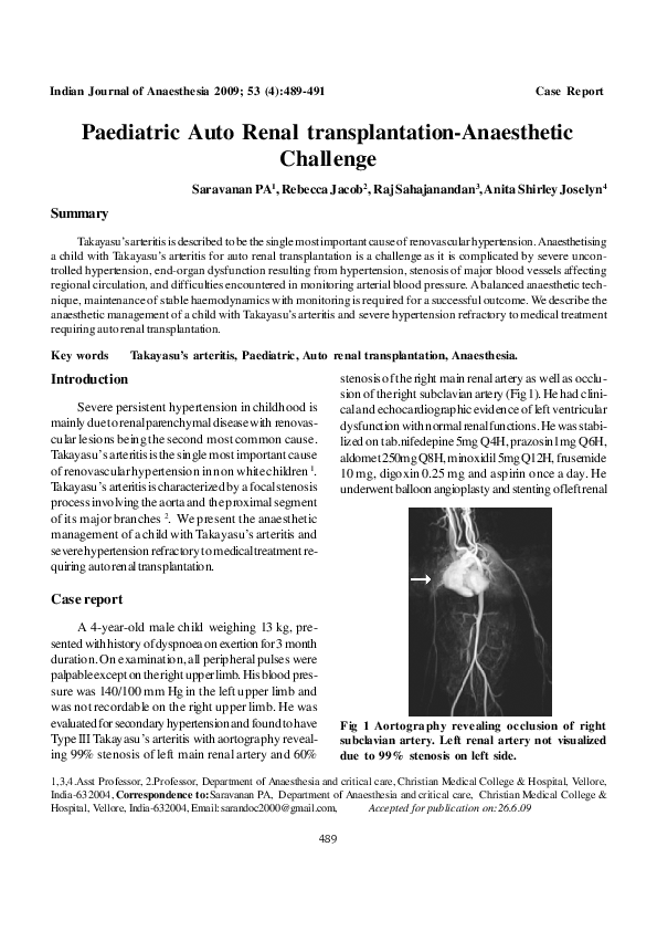 (PDF) Paediatric Auto Renal transplantation-Anaesthetic Challenge