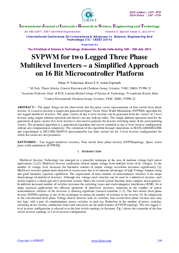 (PDF) SVPWM for two Legged Three PhaseMultilevel Inverters a Simplified Approachon 16 Bit ...