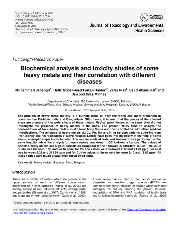 (PDF) Biochemical analysis and toxicity studies of some heavy metals ...