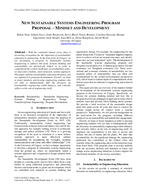 (PDF) New Sustainable Systems Engineering Program Proposal – Mindset ...
