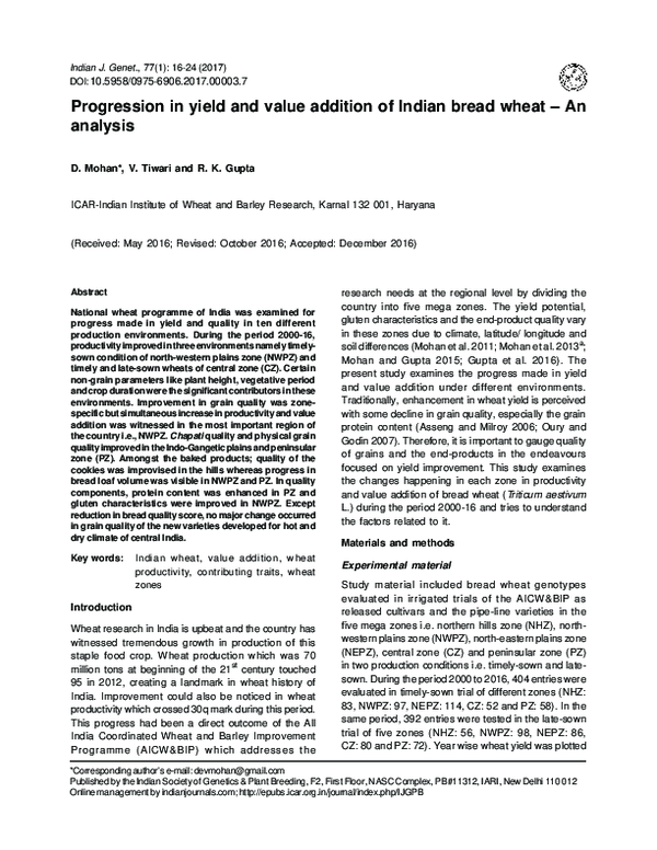 (PDF) Progression in yield and value addition of Indian bread wheat-An ...
