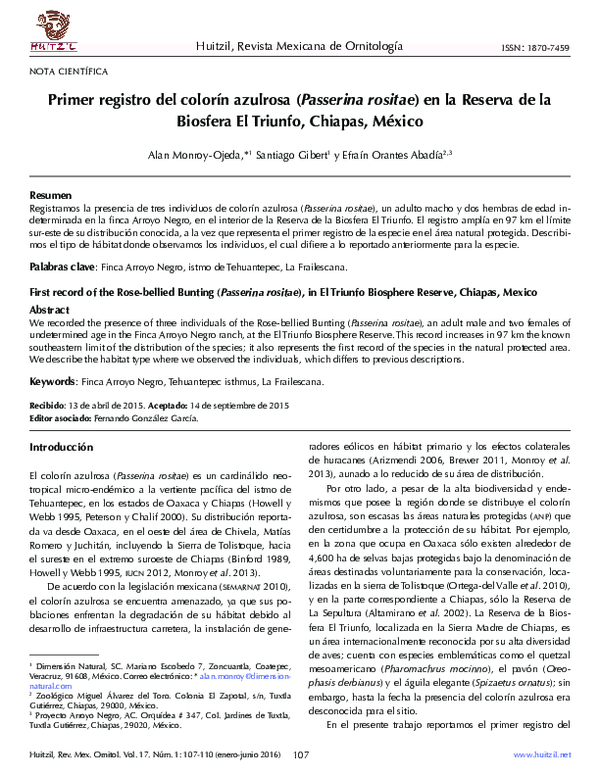 (PDF) Primer registro del colorín azulrosa (Passerina rositae) en la ...