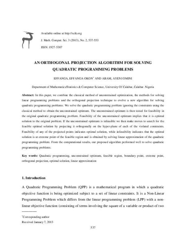 (PDF) An Orthogonal Projection Algorithm for Solving Quadratic Programming Problems