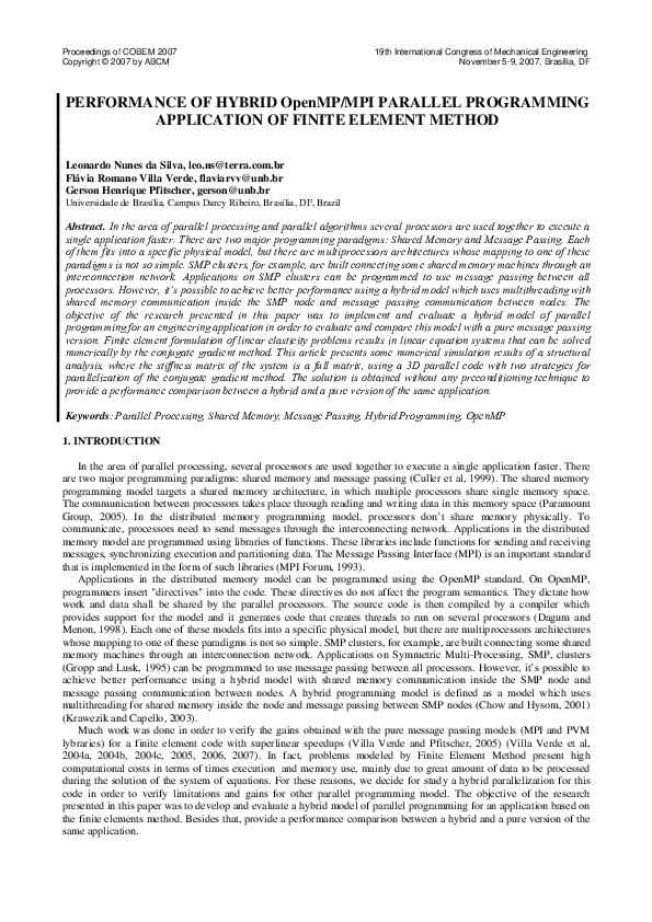 (PDF) PERFORMANCE OF HYBRID OpenMP / MPI PARALLEL PROGRAMMING APPLICATION OF FINITE ELEMENT METHOD