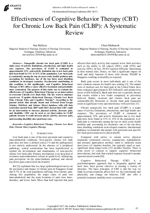 (PDF) Effectiveness Of Cognitive Behavior Therapy (Cbt) For Chronic Low Back Pain (Clbp): A ...