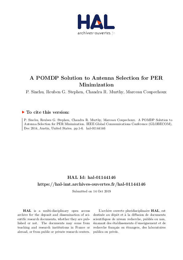 (PDF) A POMDP solution to antenna selection for PER minimization