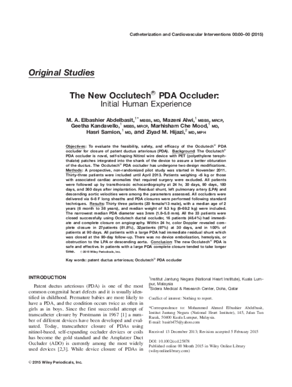 (PDF) Studies The New Occlutech V R PDA Occluder : Initial Human Experience