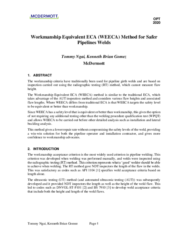 (PDF) Workmanship Equivalent ECA (WEECA) Method for Safer Pipelines Welds