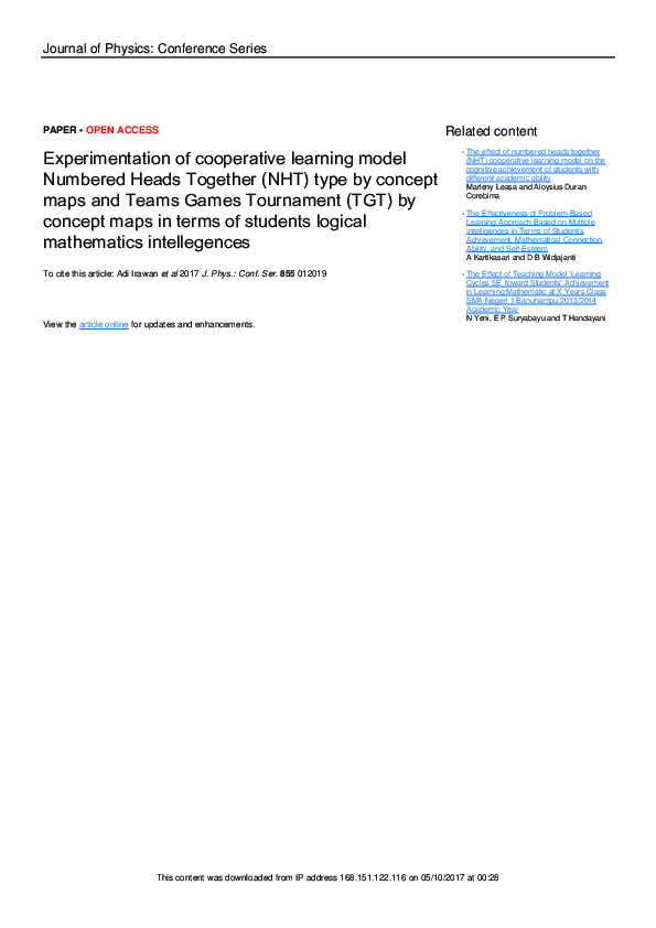 (PDF) Experimentation of cooperative learning model Numbered Heads Together (NHT) type by ...