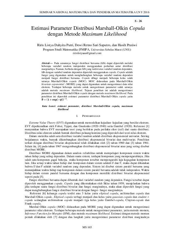 (PDF) Estimasi Parameter Distribusi Marshall-Olkin Copula dengan Metode Maximum Likelihood