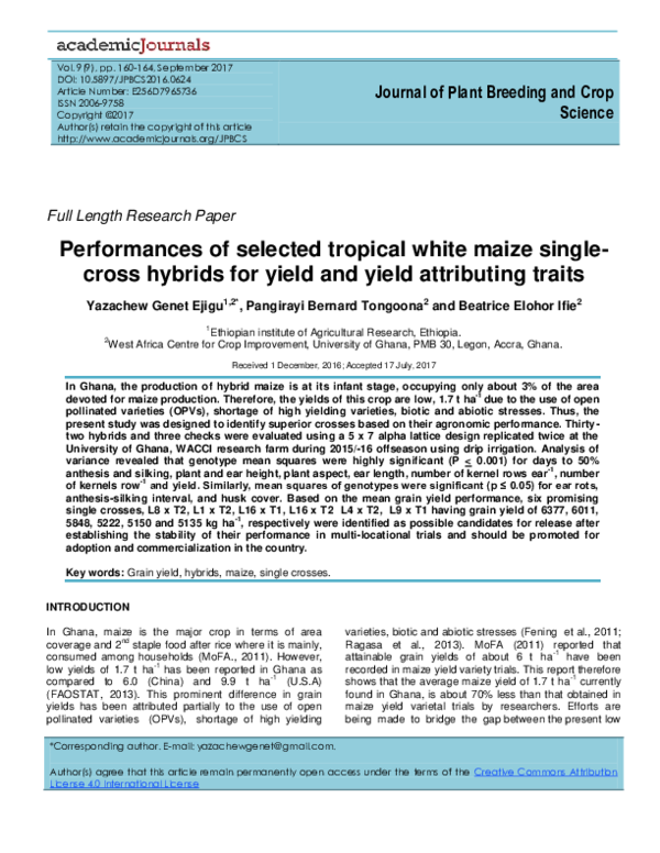 (PDF) Performances of selected tropical white maize single-cross ...