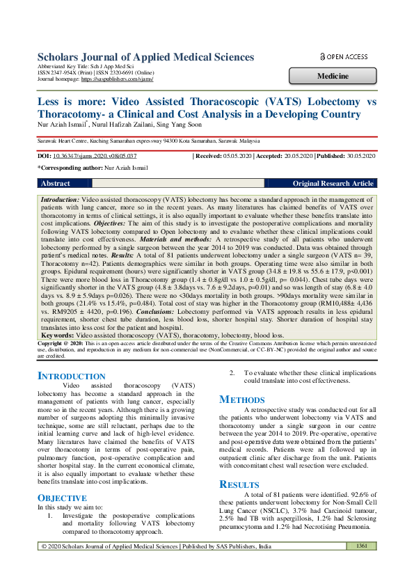 Pdf Less Is More Video Assisted Thoracoscopic Vats Lobectomy Vs Thoracotomy A Clinical And