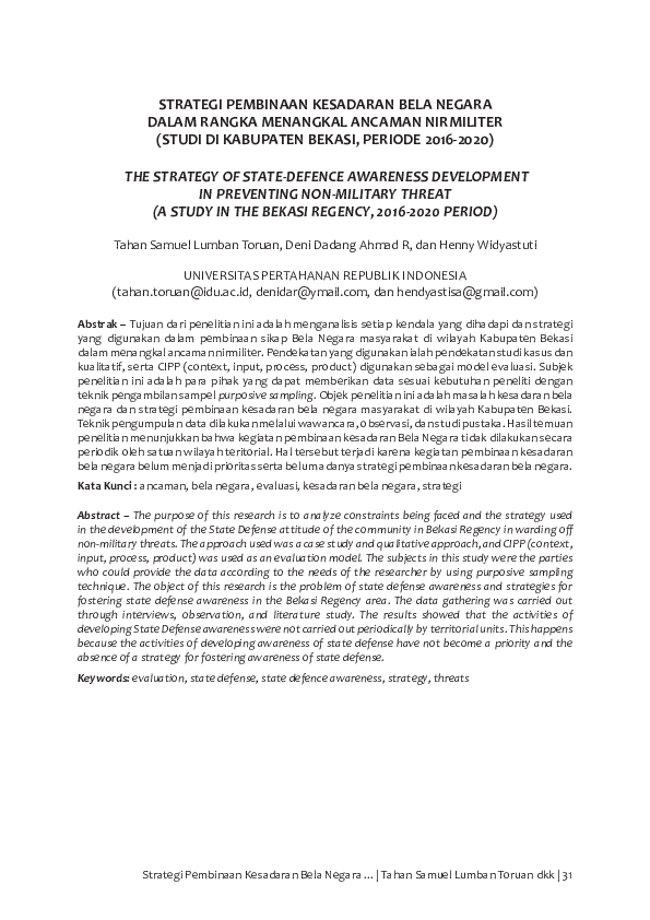 (PDF) Strategi Pembinaan Kesadaran Bela Negara Dalam Rangka Menangkal Ancaman Nirmiliter. (Studi ...