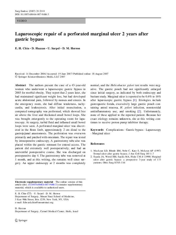 (PDF) Laparoscopic repair of a perforated marginal ulcer 2 years after ...