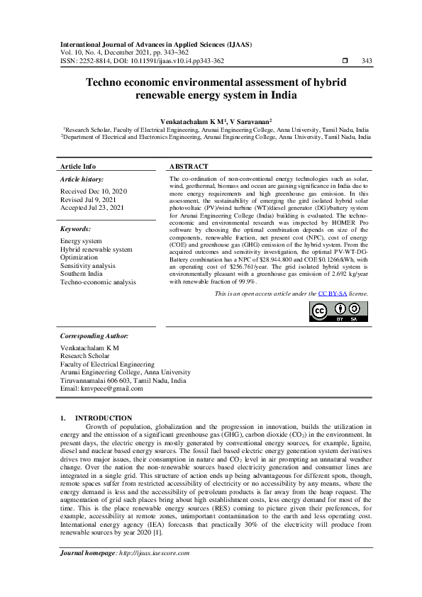 Pdf Techno Economic Environmental Assessment Of Hybrid Renewable Energy System In India