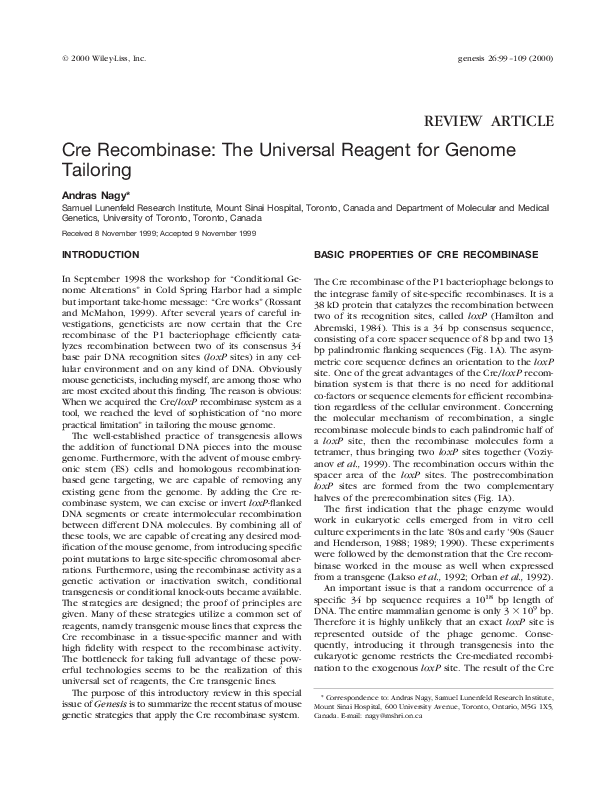 (PDF) Cre Recombinase: the Universal Reagent for Genome Tailoring