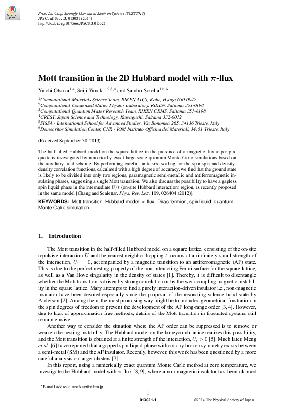 (PDF) Mott Transition in the 2D Hubbard Model with π-Flux