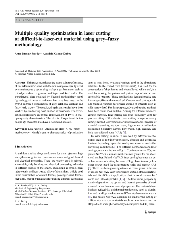(PDF) Multiple quality optimization in laser cutting of difficult-to ...