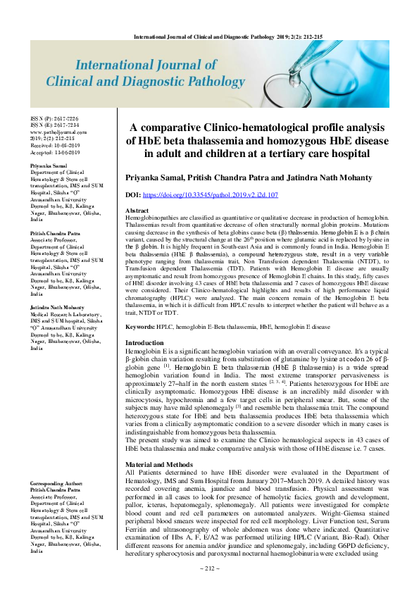 (PDF) A comparative Clinico-hematological profile analysis of HbE beta ...