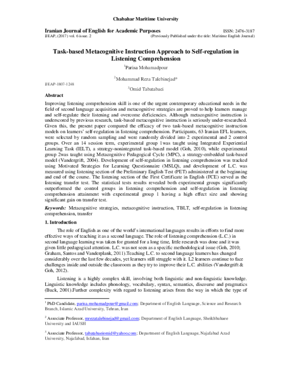 Pdf Task Based Metacognitive Instruction Approach To Self Regulation In Listening Comprehension