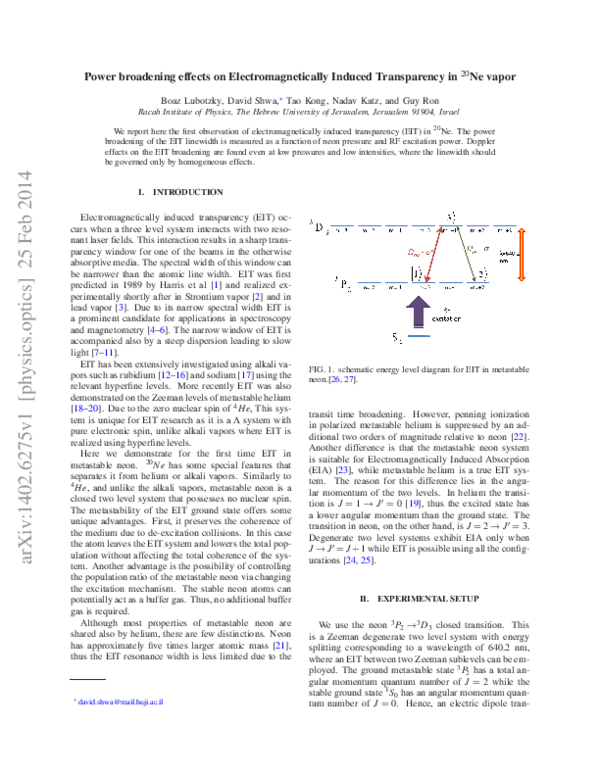 (PDF) Power broadening effects on Electromagnetically Induced Transparency in $^{20}$Ne vapor