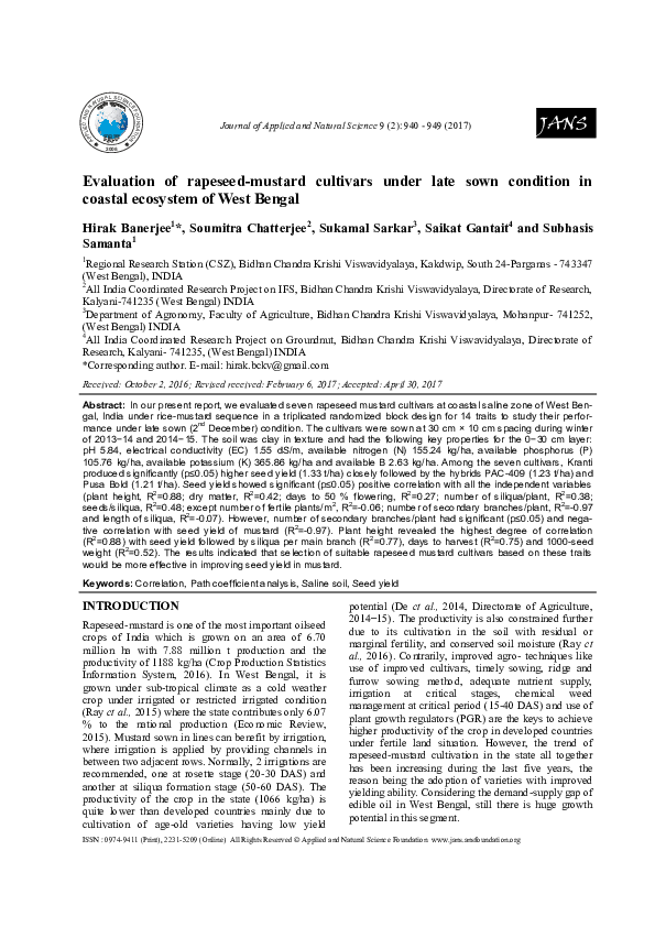 (PDF) Evaluation of rapeseed-mustard cultivars under late sown condition in coastal ecosystem of ...