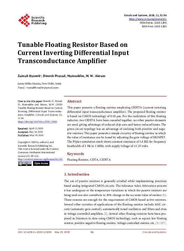 Pdf Tunable Floating Resistor Based On Current Inverting Differential Input Transconductance