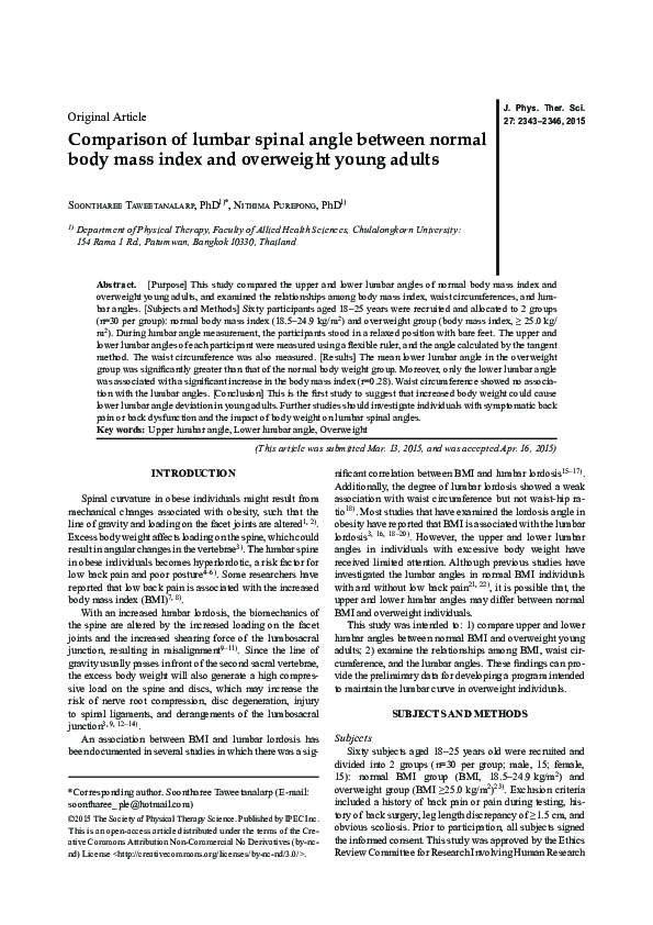 (PDF) Comparison of lumbar spinal angle between normal body mass index ...
