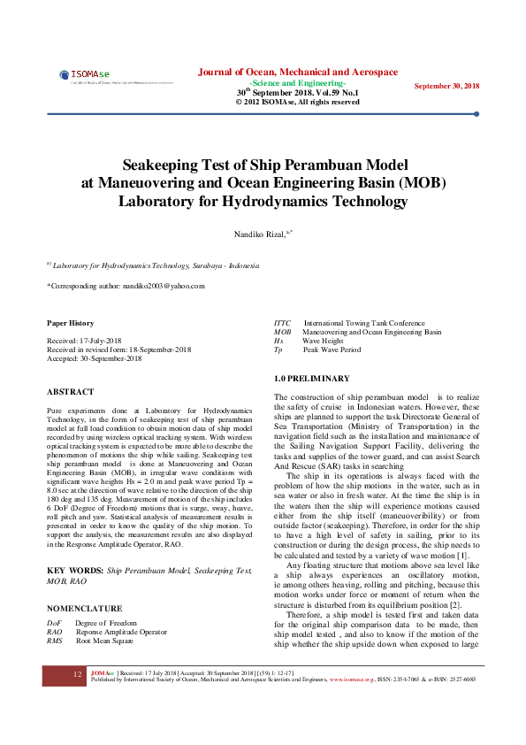 (PDF) Seakeeping Test of Ship Perambuan Model at Maneuovering and Ocean ...