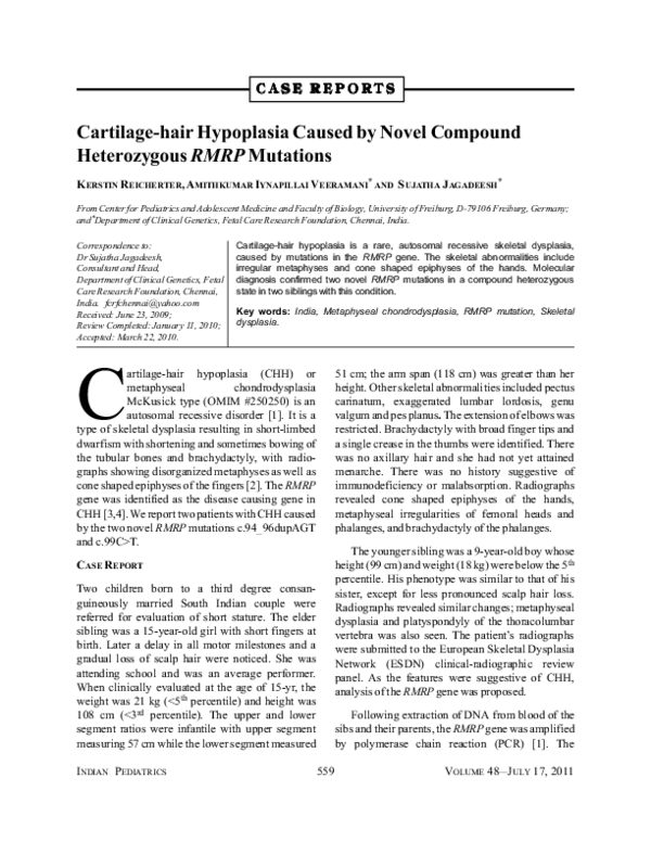(PDF) Cartilage-hair hypoplasia caused by novel compound heterozygous ...