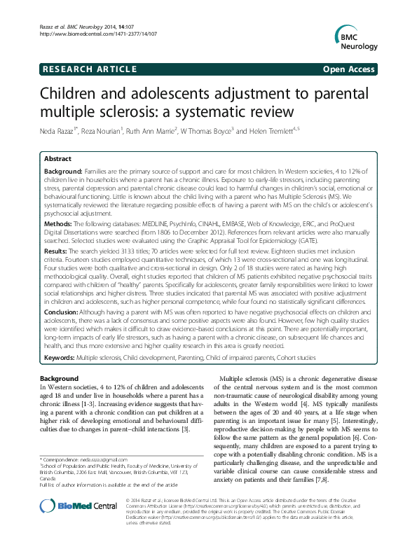 (PDF) Children and adolescents adjustment to parental multiple sclerosis: a systematic review
