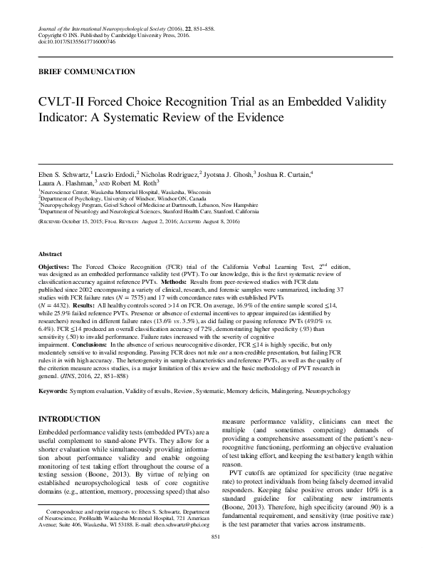 (PDF) CVLT-II Forced Choice Recognition Trial as an Embedded Validity ...
