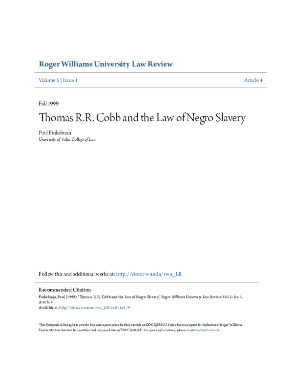 (PDF) Thomas R.R. Cobb and the Law of Negro Slavery
