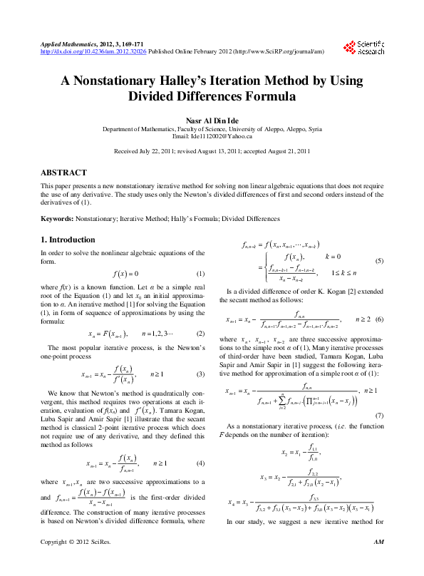 (PDF) Nonstationary Halley's Iteration Using Divided Differences