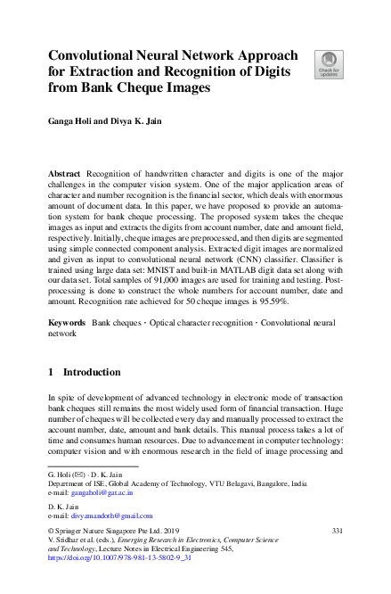 Pdf Convolutional Neural Network Approach For Extraction And Recognition Of Digits From Bank