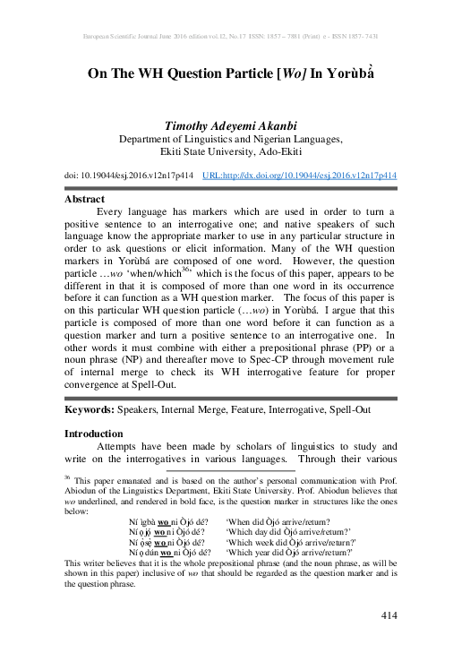 (PDF) On The WH Question Particle [Wo] In Yorùbá̀
