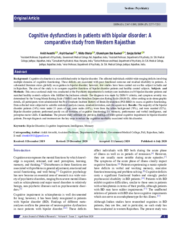(PDF) Cognitive dysfunctions in patients with bipolar disorder: A ...