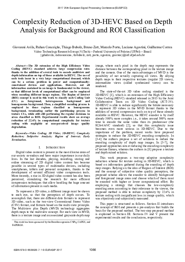 (PDF) Complexity reduction of 3D-HEVC based on depth analysis for background and ROI classification