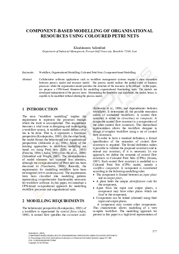 (PDF) Component-Based Modelling of Organisational Resources Using Coloured Petri Nets